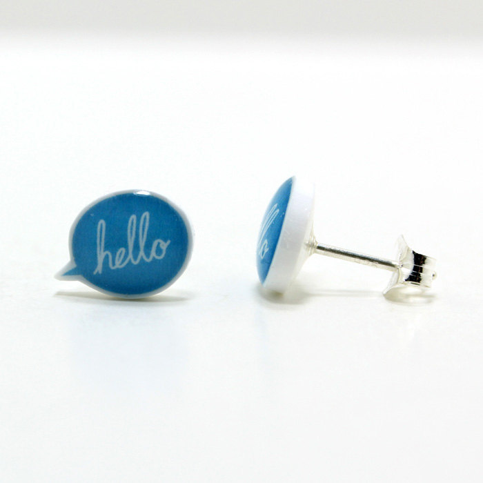 Blue Hello Speech Bubble Earrings - Sterling Silver Posts Studs Kawaii ...