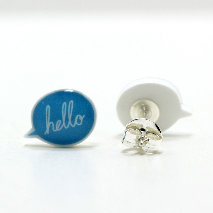 Blue Hello Speech Bubble Earrings - Sterling Silver Posts Studs Kawaii ...